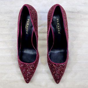 Pleaser | Shoes | Amuse Burgundy Red Glitter Pumps Slim Gold Tone Metal ...